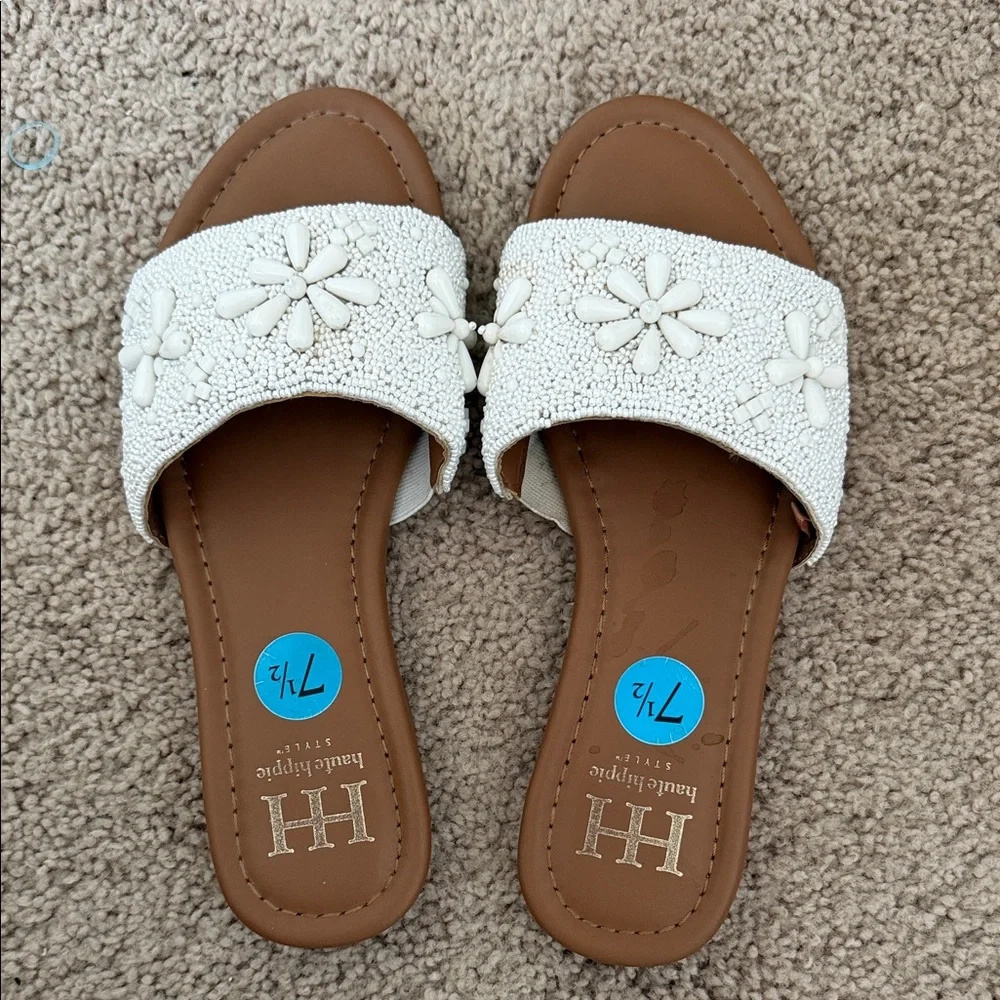 Haute Hippie | Shoes | Haute Hippie White Beaded Daisy Slide Sandals ...
